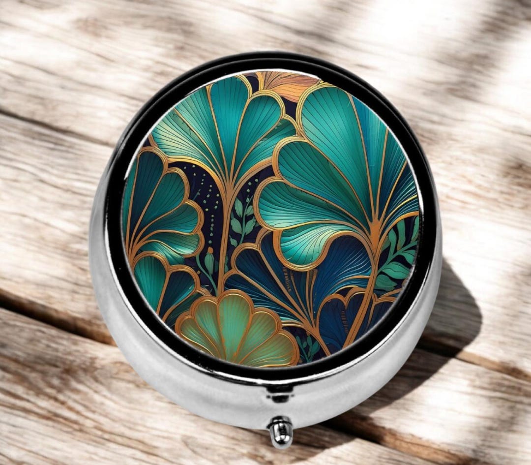 Art Deco Pill Box With Mirror, Teal and Gold Pill Case for Handbag ...