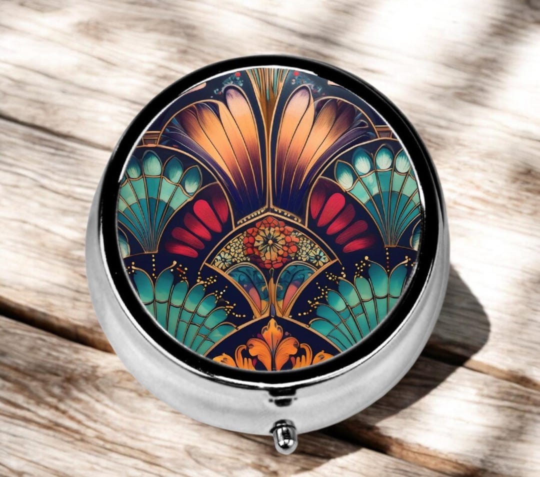 Art Deco Pill Box With Mirror in Teal, Gold and Red, Pill Case for ...