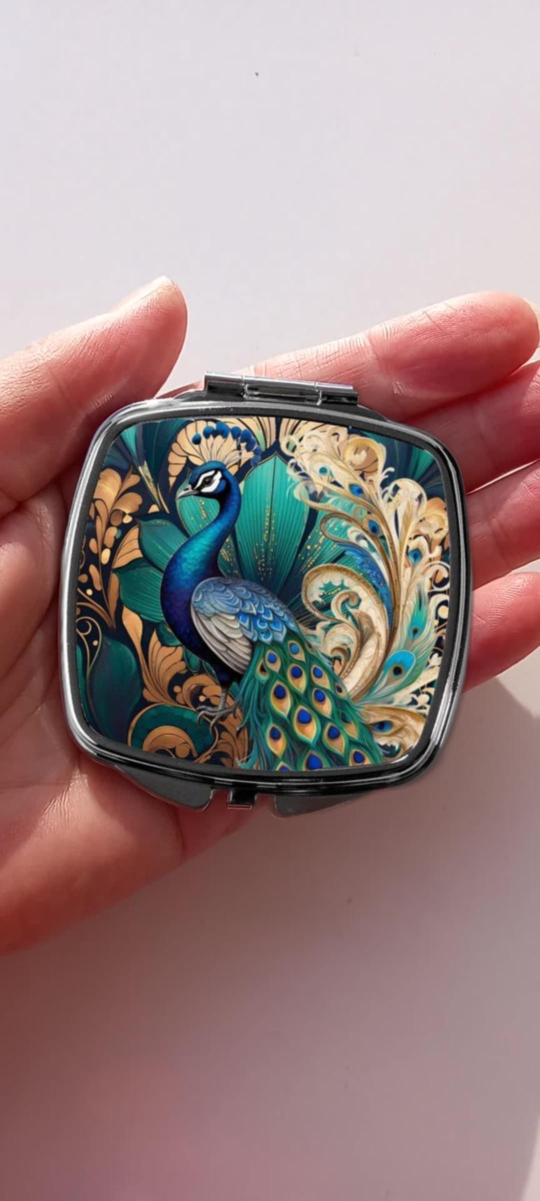 Art Deco Compact Mirror, Teal Gold Peacock. Vintage Makeup Compact ...