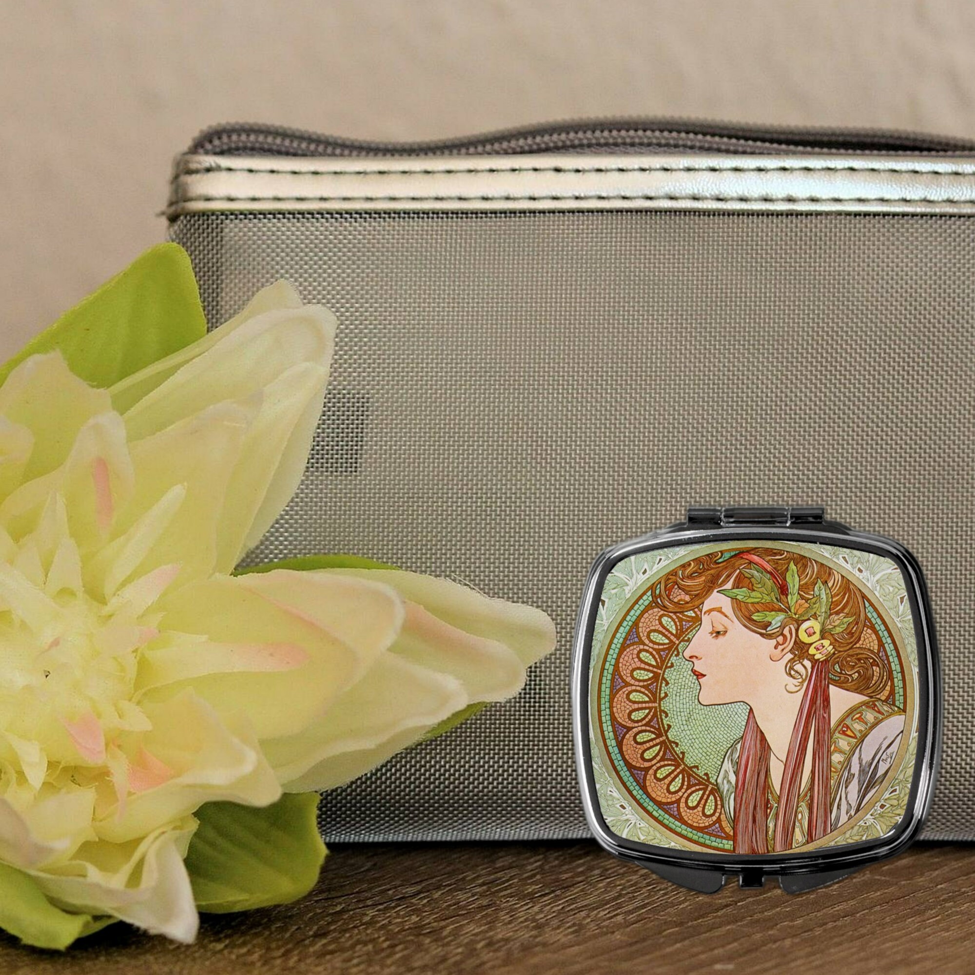 Alphonse Mucha Mirror, Laurel Art Print. Vintage Compact, Handbag ...