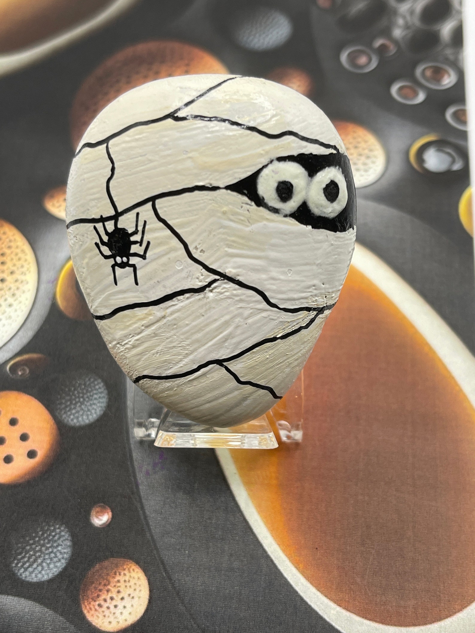 Mummy Painted Rock With Glow in the Dark Eyes and Dangling Spider, Hand ...