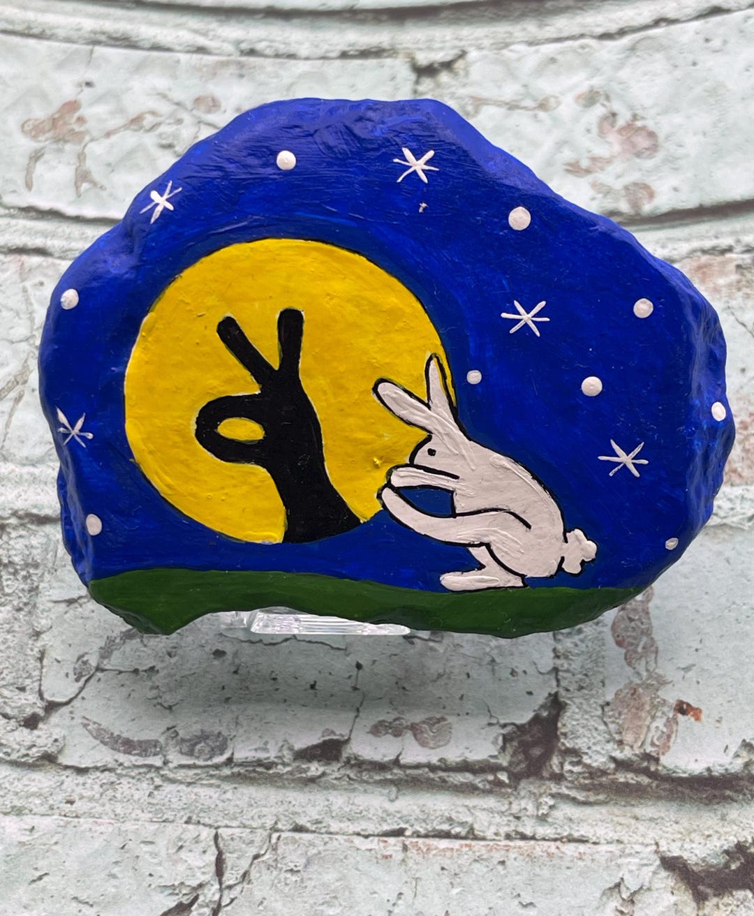 Whimsical Rabbit Making Shadow Puppet on Full Moon, Painted Rock ...