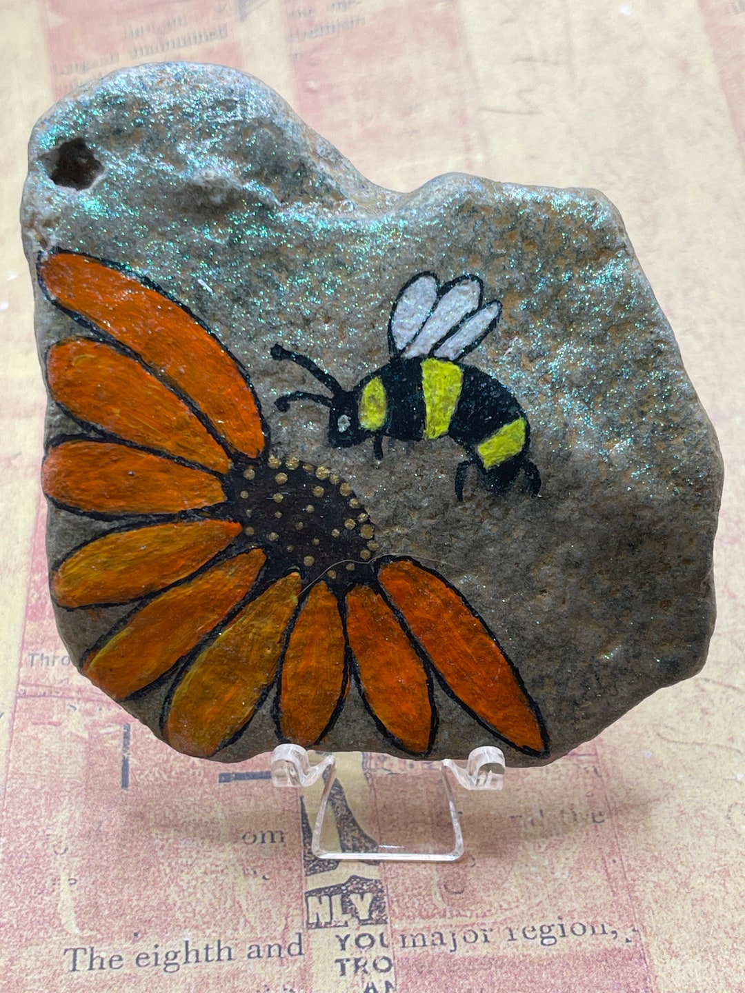 Glitter Flower and Bumble Bee, Life is Beautiful, Painted Rock, Stone ...