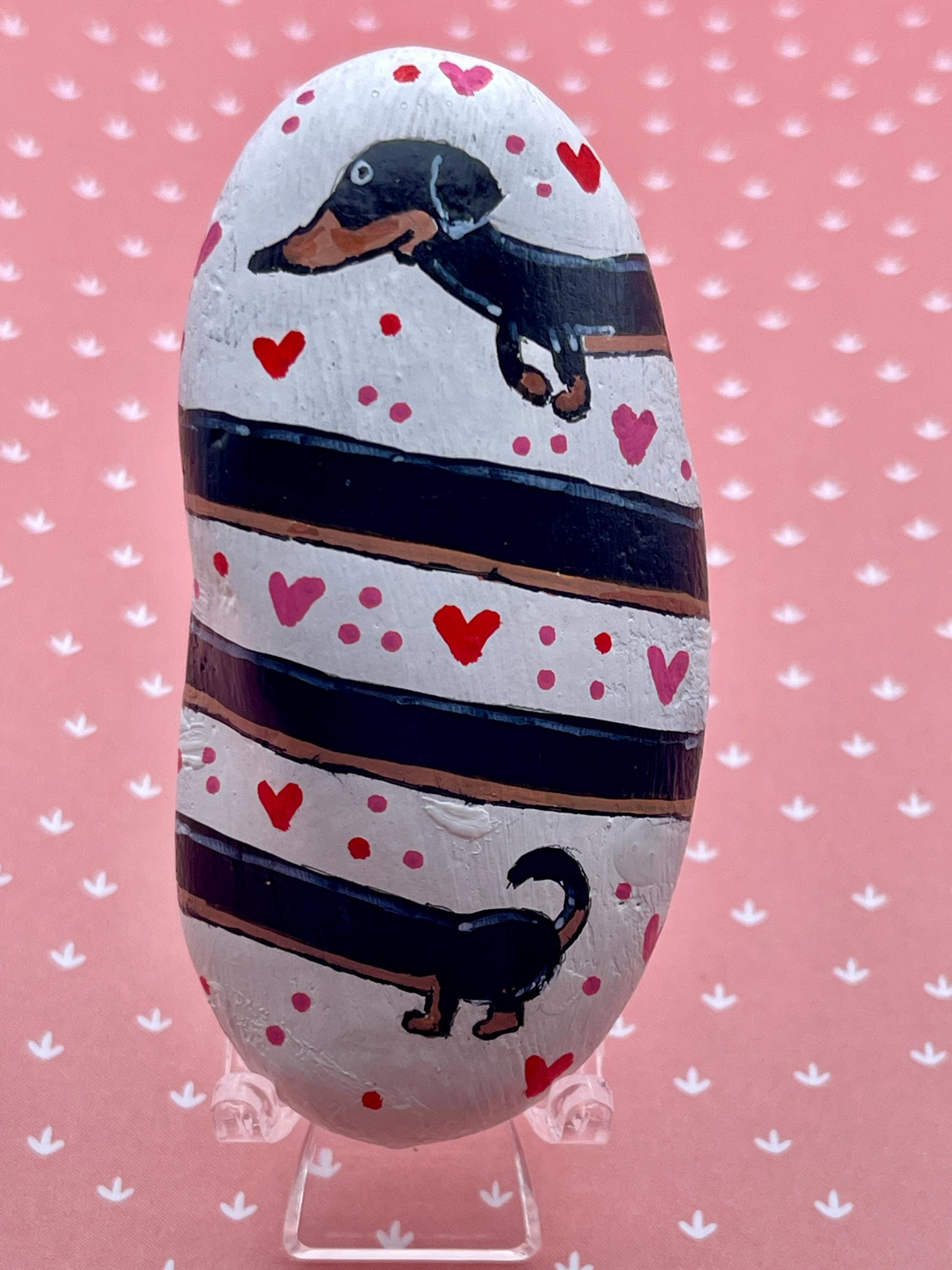 Adorable Dachshund Wrapped Around Painted Rock With Hearts, Unique Pet ...