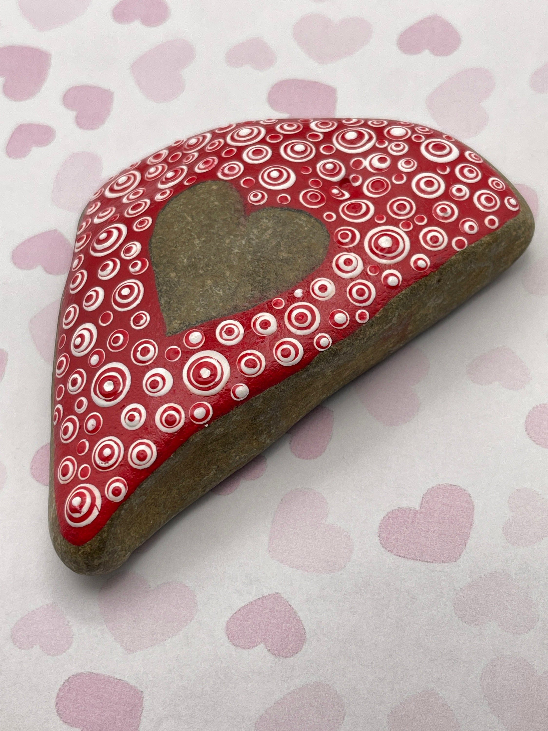Red and White Dot Art With Natural Stone Heart, Valentine Gift, Painted ...