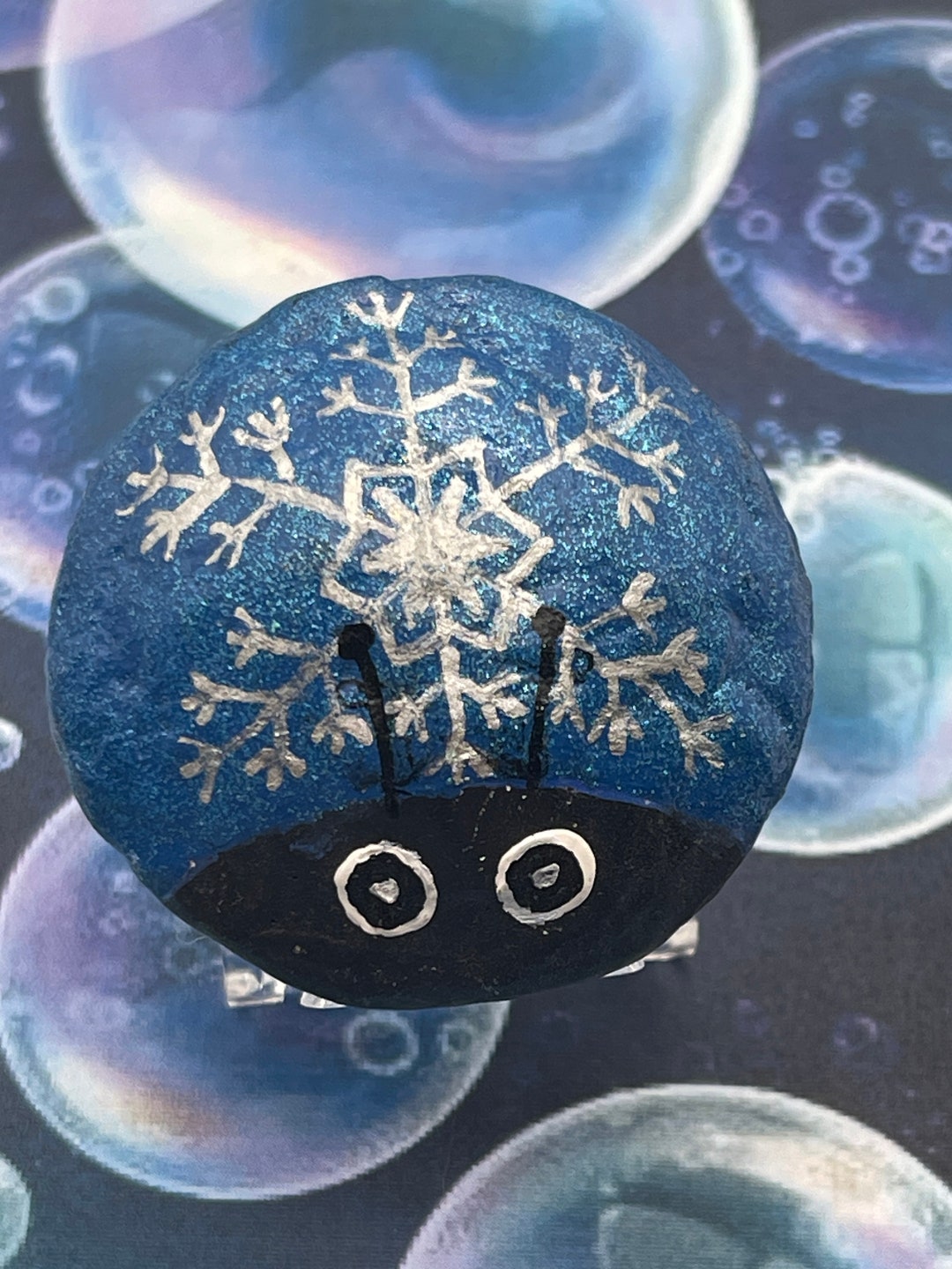 Blue and Silver Snowflake Ladybug, Christmas Holiday Pebble Art ...