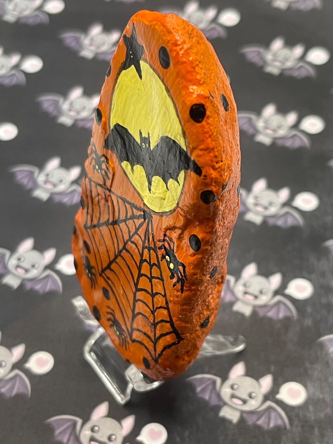 Bat With Full Moon Spiders Spiderweb, Hand Painted Rock, Cute Halloween ...