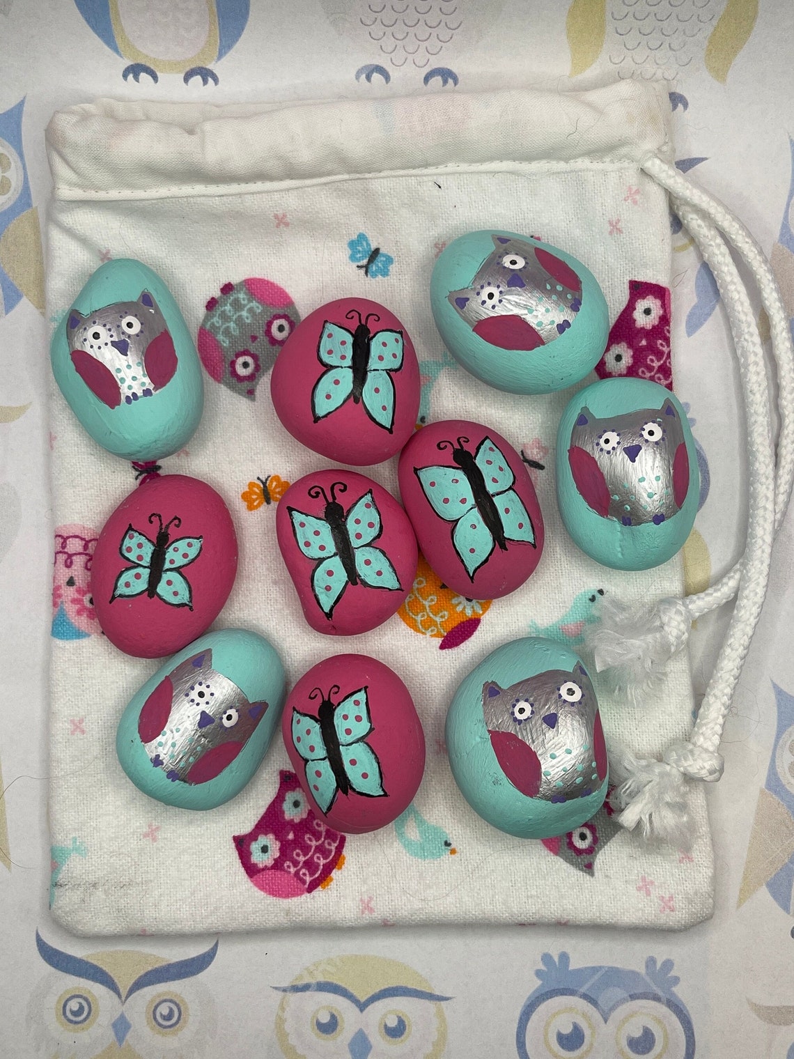 Hand Painted Rocks Sewn Lined Drawstring Bag Cute Owl and - Etsy