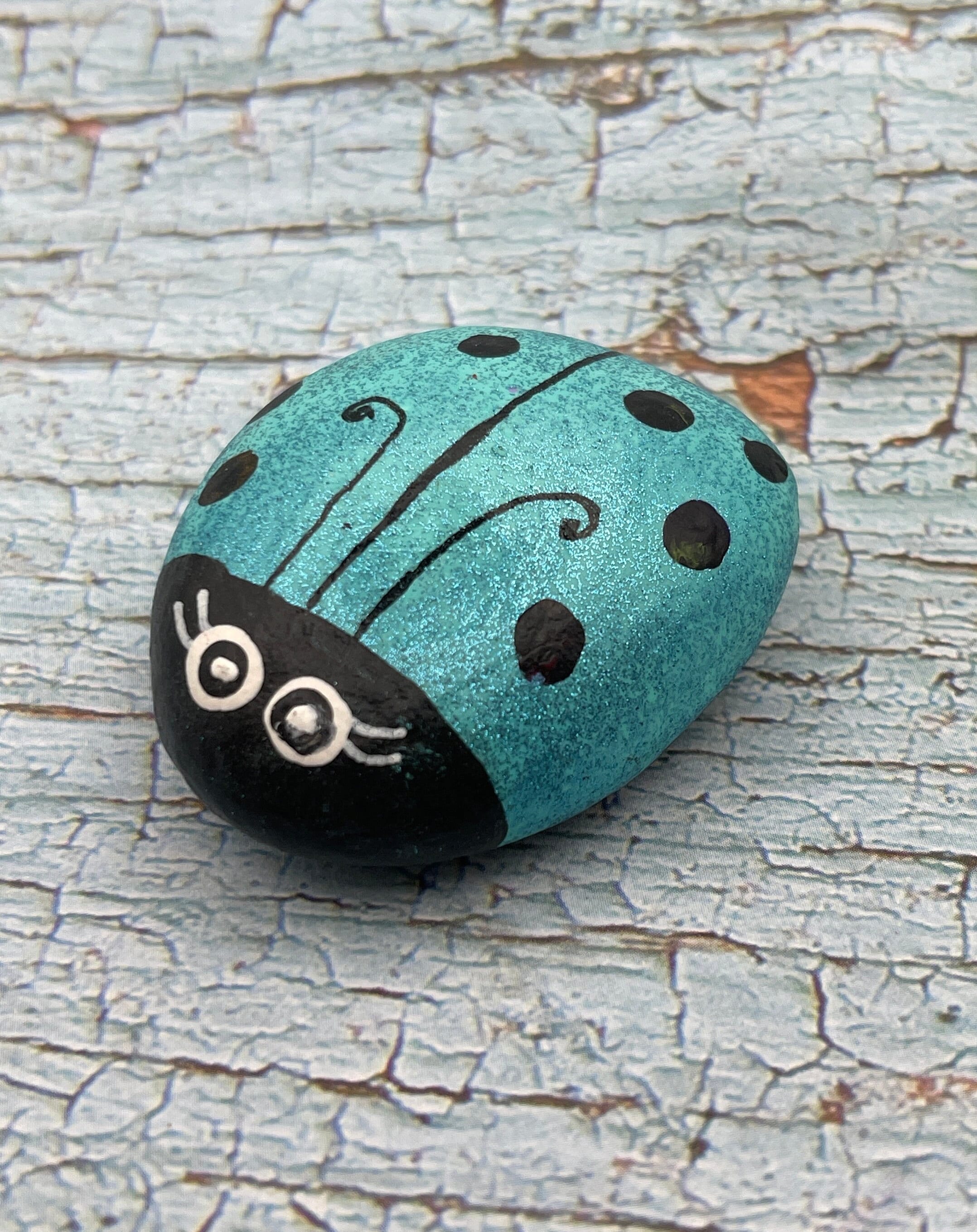 Cute Turquoise Glitter Ladybug, Cartoon Animal Art, Painted Rock, Stone ...