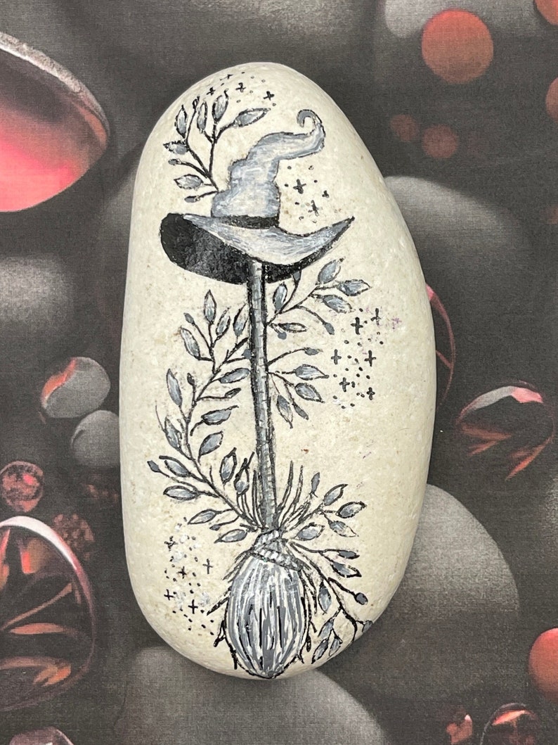 Black and Gray Witch Hat and Broom Hand Painted Rock, Spooky Fall ...