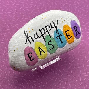 Happy Easter Rock Art on Pastel Eggs, Easter Stone Decor, Hand Painted ...
