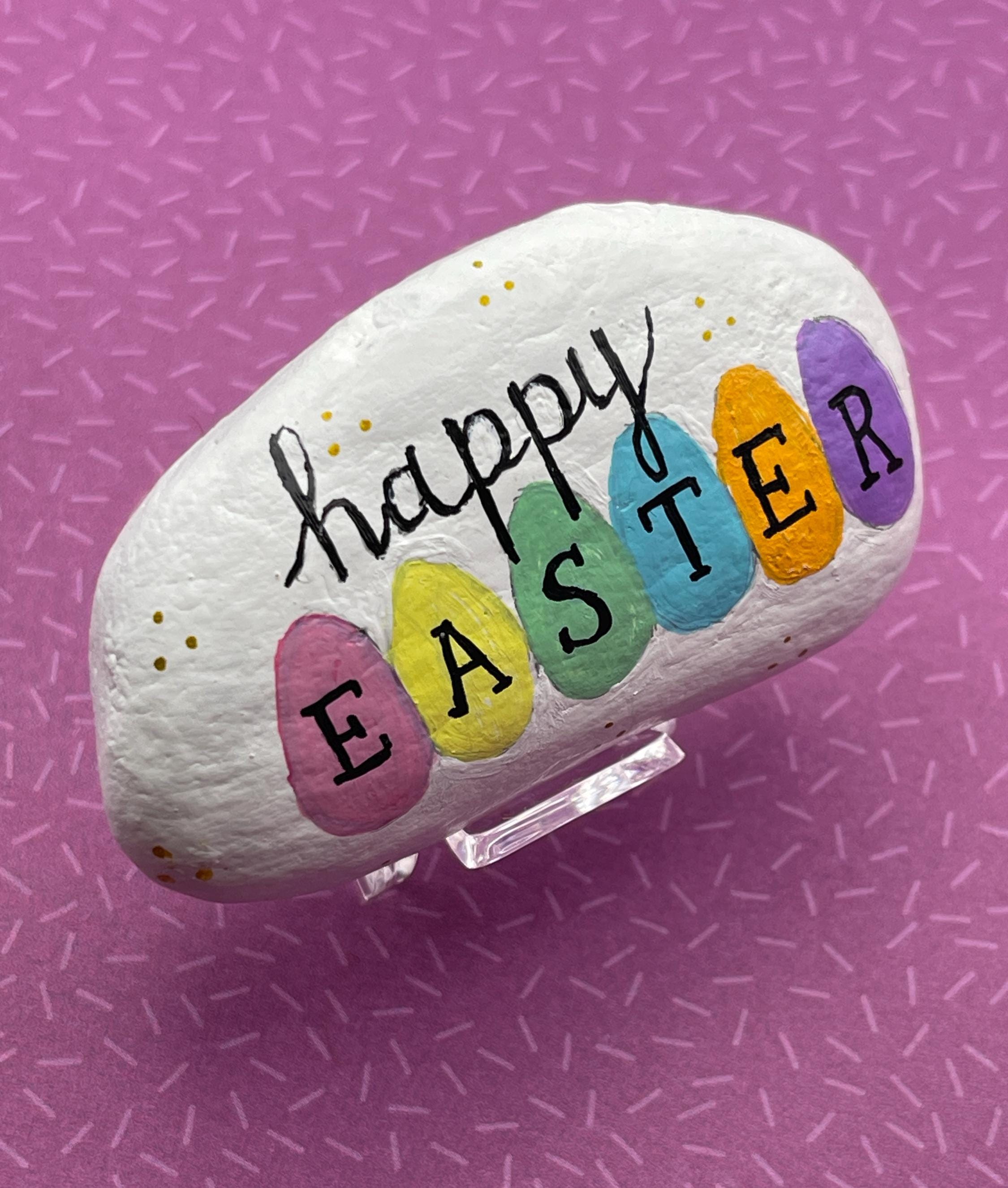 Happy Easter Rock Art on Pastel Eggs, Easter Stone Decor, Hand Painted ...