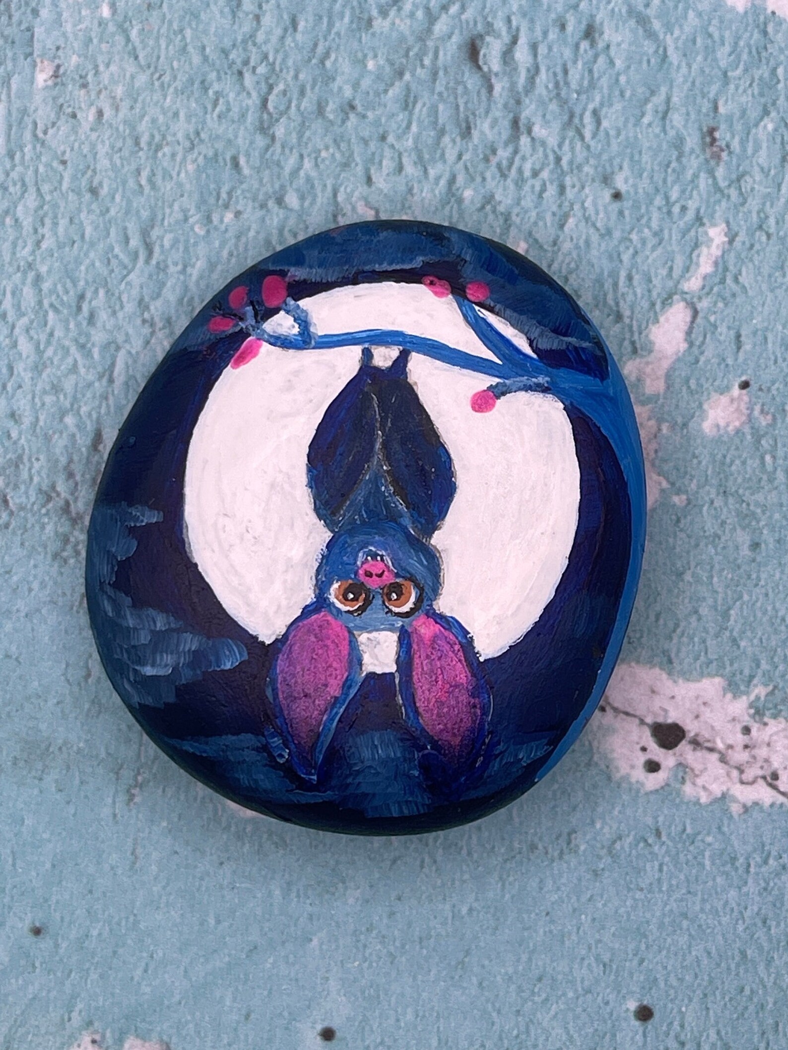 Hand Painted Rock, Bat Hanging in Tree Moon, Halloween Art, Pebble Art ...