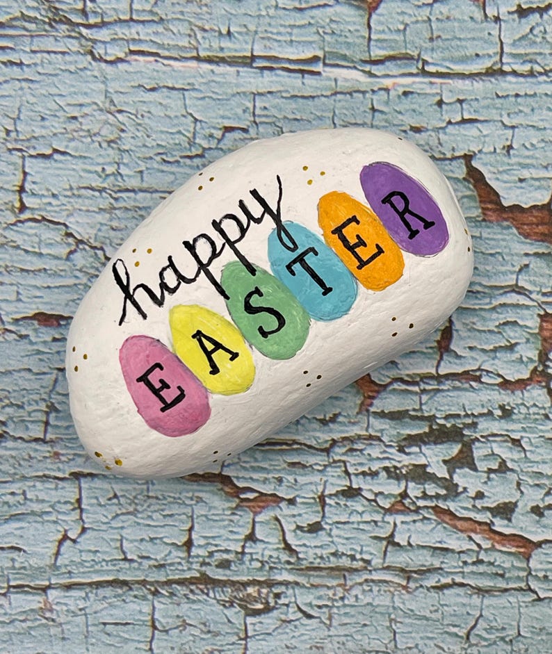 Happy Easter Rock Art on Pastel Eggs, Easter Stone Decor, Hand Painted ...