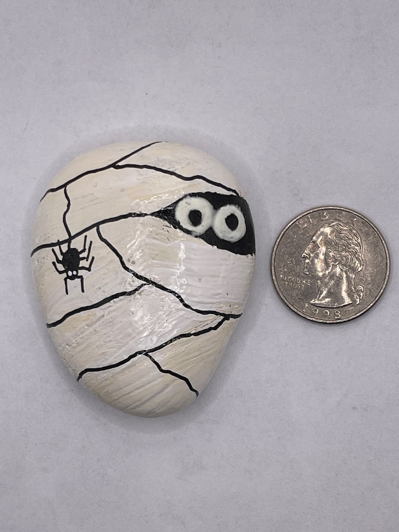 Mummy Painted Rock With Glow in the Dark Eyes and Dangling Spider, Hand ...