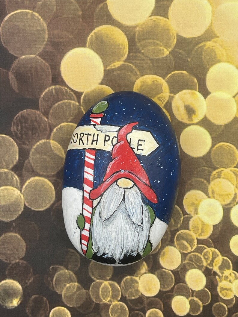 North Pole Christmas Gnome, Winter Decor, Hand Painted Rock, Stone Art ...