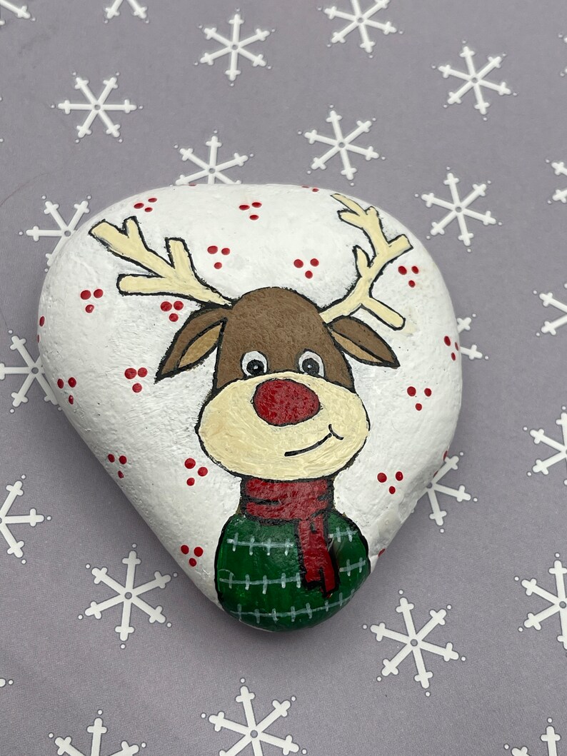 Rudolph Reindeer Wearing Sweater, Winter Decor, Painted Rock, Christmas ...