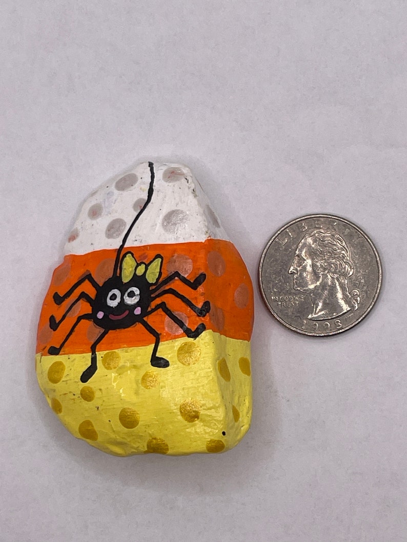 Cute Cartoon Spider With Bow on Candy Corn Painted Rock, Hand Painted ...