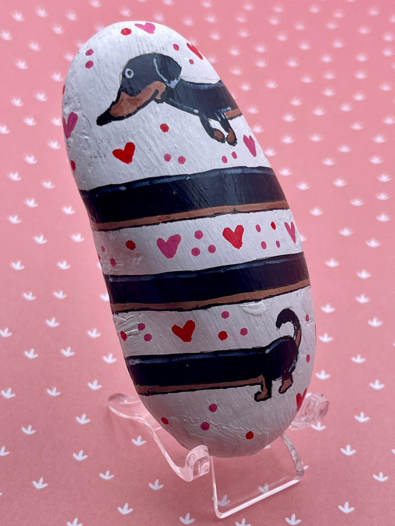 Adorable Dachshund Wrapped Around Painted Rock With Hearts, Unique Pet ...
