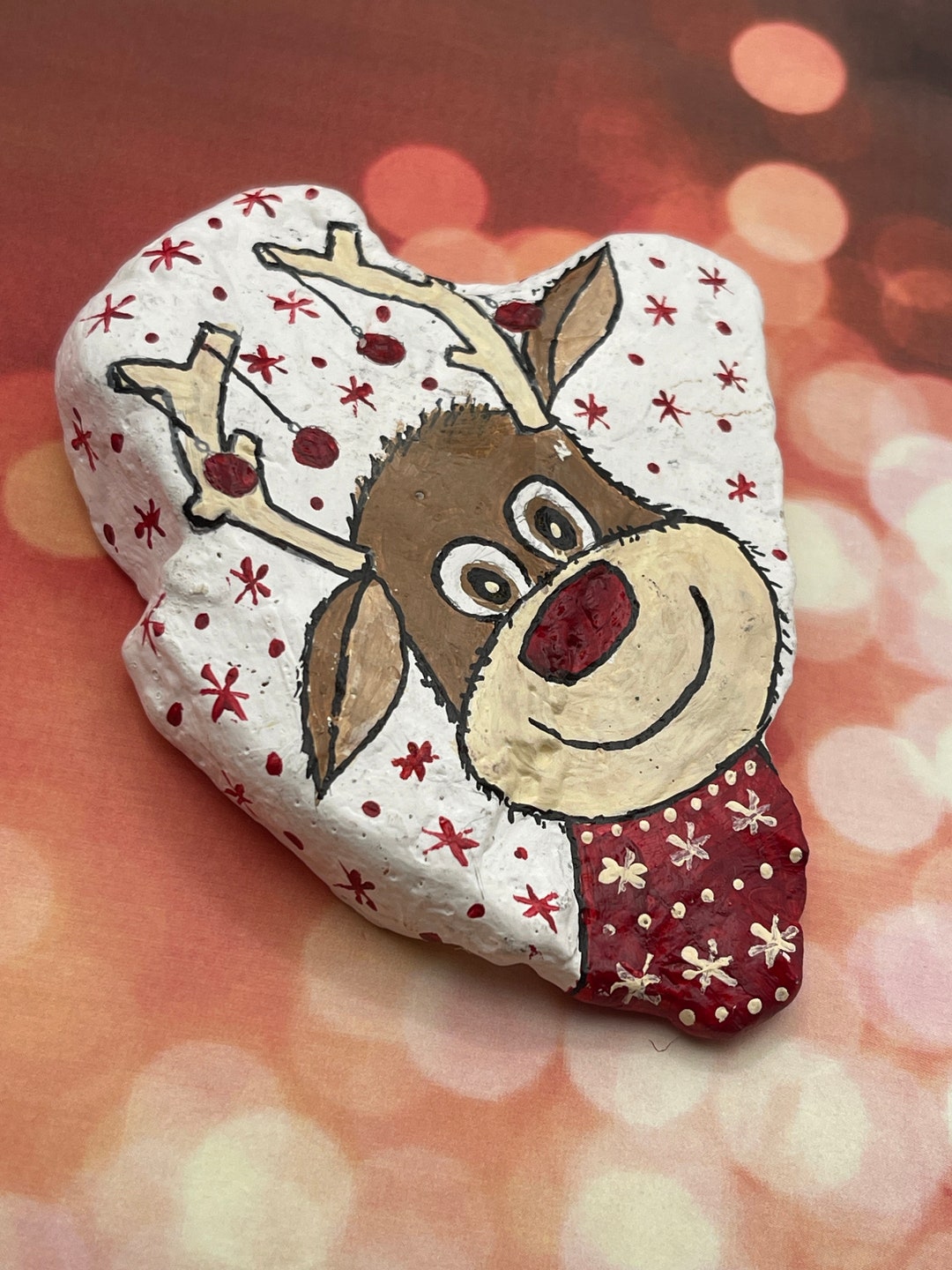 Christmas Reindeer Rudolph, Painted Rock, Holiday Winter Decor, Stone ...