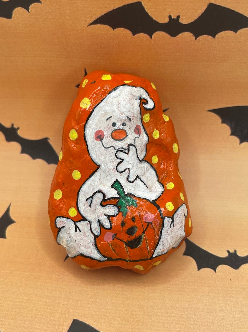 Whimsical Ghost With Pumpkin, Halloween Pebble Art, Hand Painted Rock ...