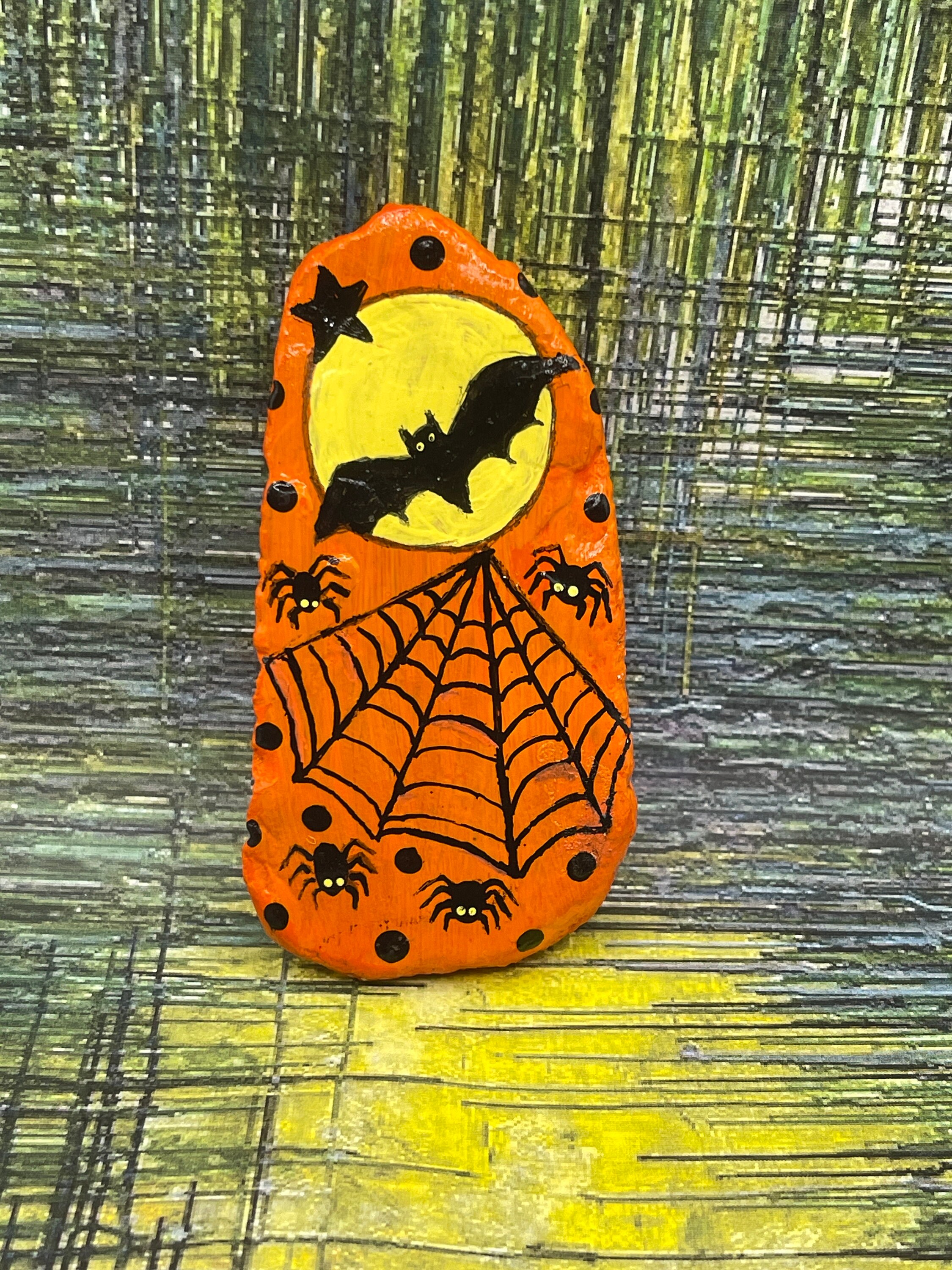 Bat With Full Moon Spiders Spiderweb, Hand Painted Rock, Cute Halloween ...