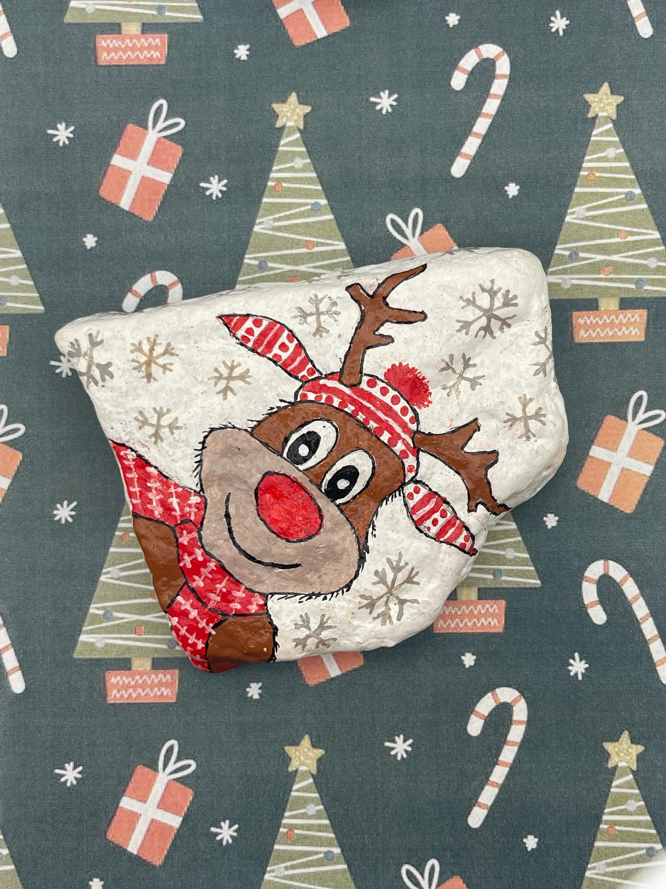 Christmas Reindeer Rudolph Wearing Hat and Scarf, Painted Rock, Holiday ...