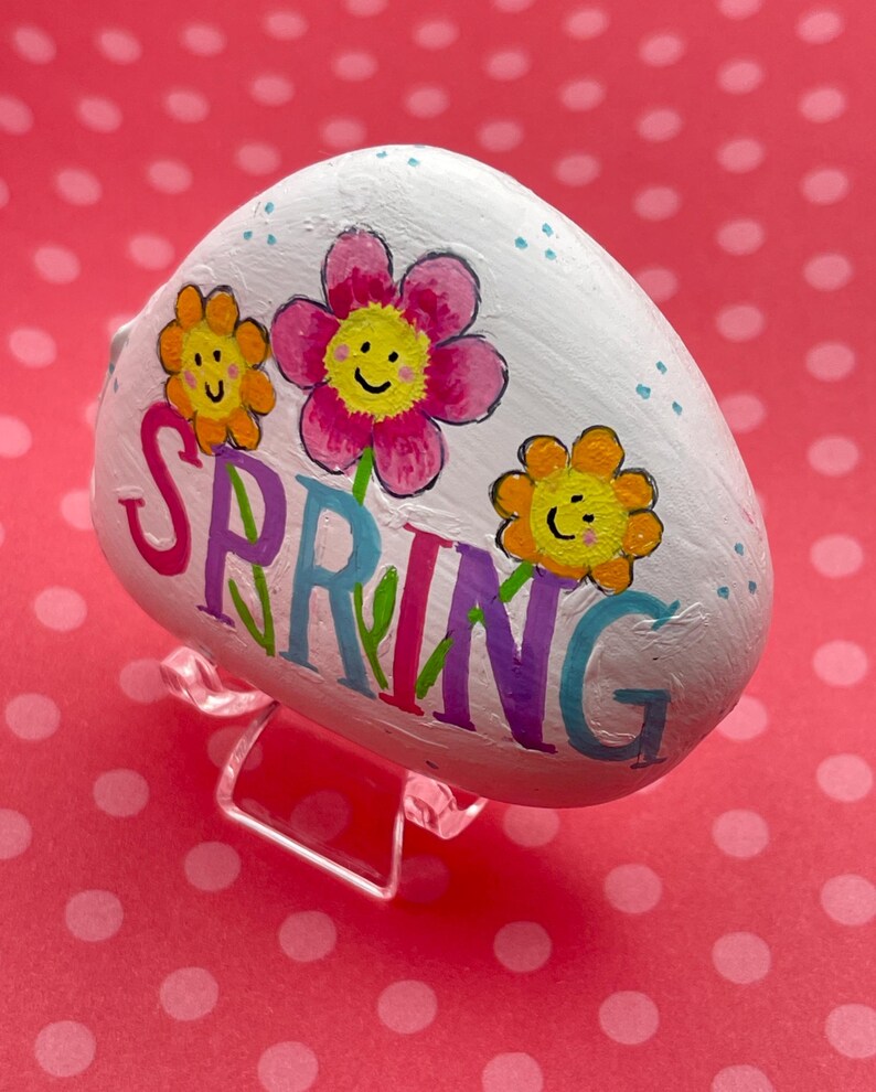 Spring Rock With Smiley Flowers, Garden Stone Decor, Hand Painted Rock ...