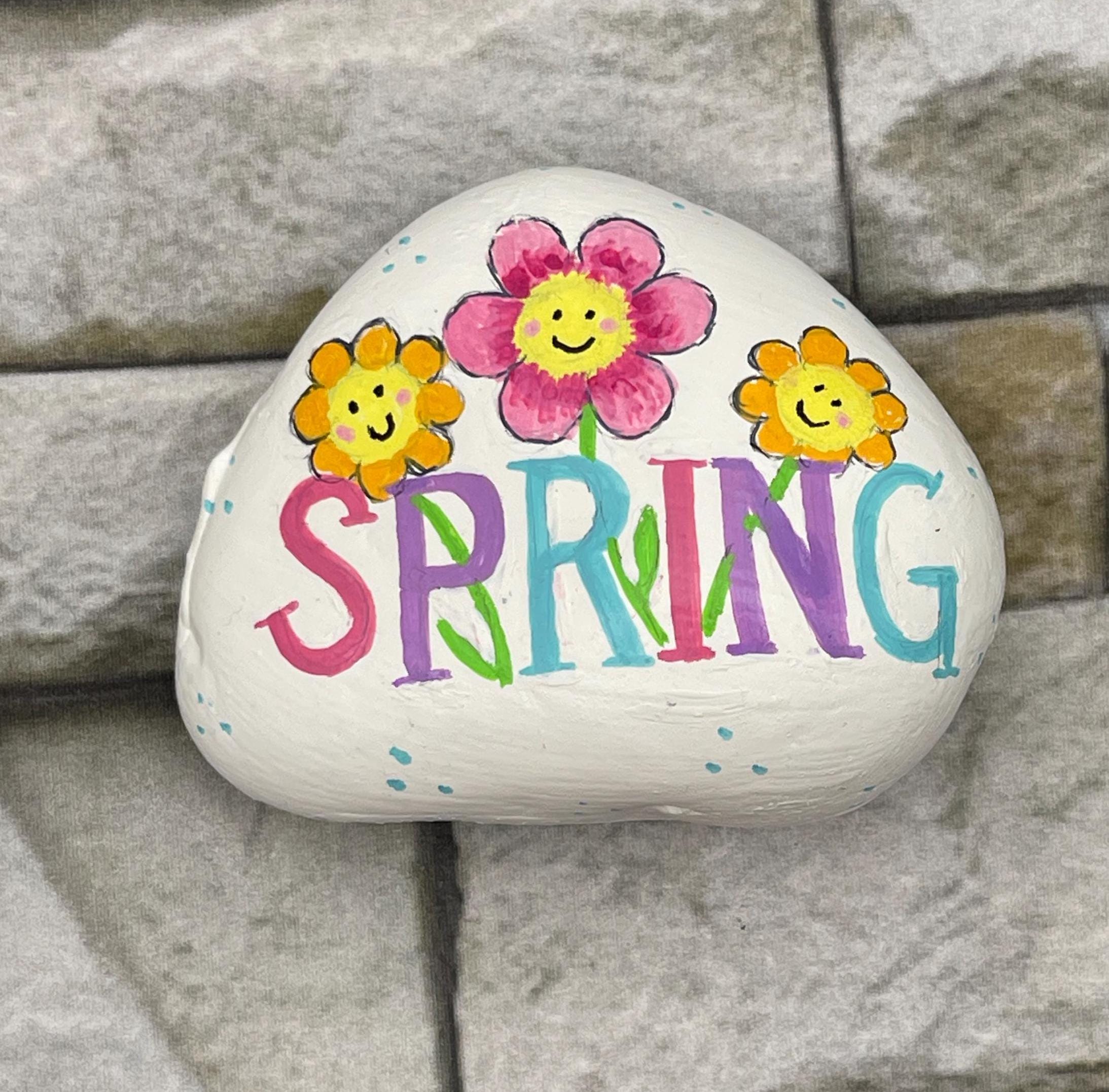 Spring Rock With Smiley Flowers, Garden Stone Decor, Hand Painted Rock ...