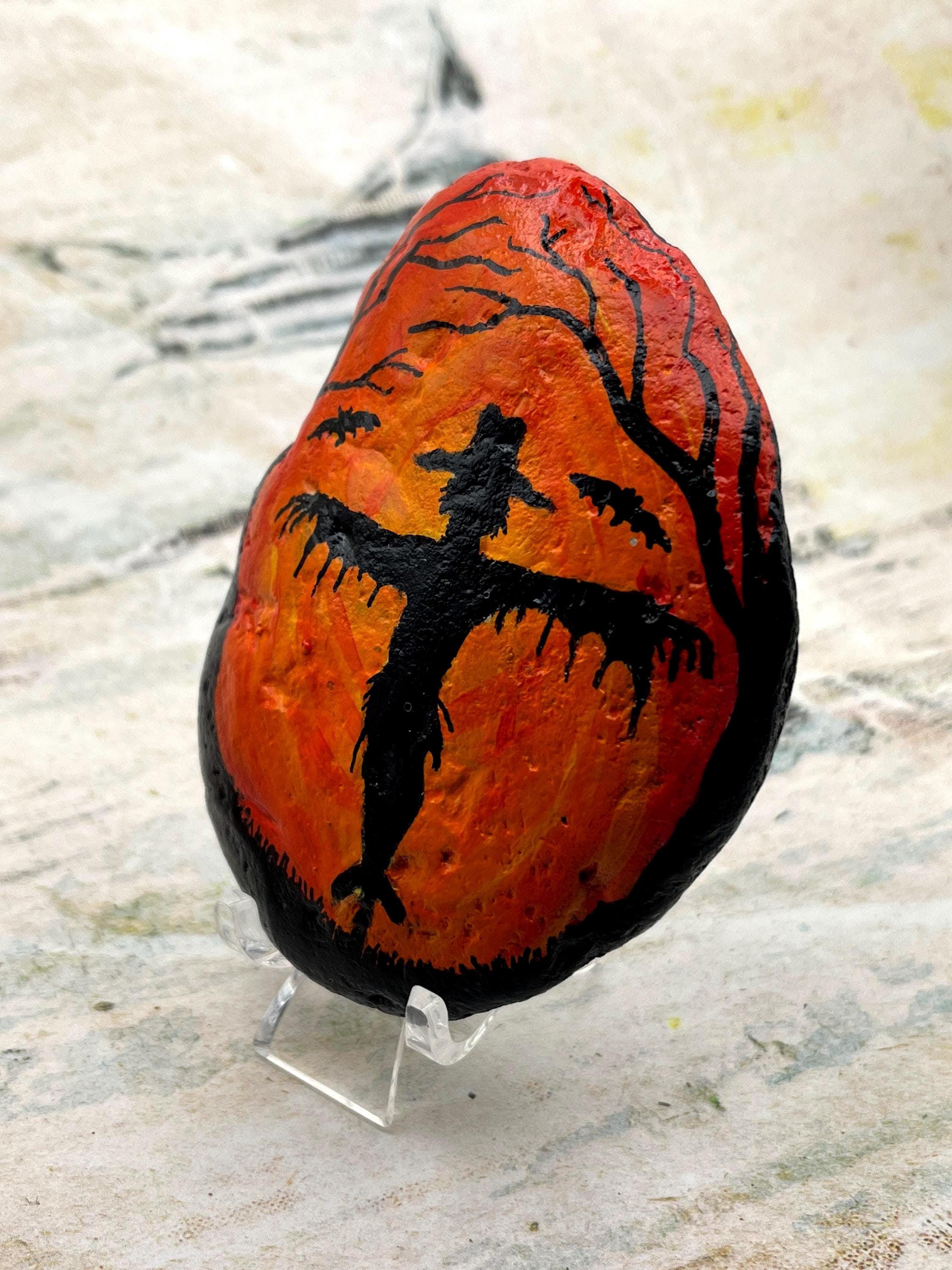 Spooky Scarecrow Silhouette, Halloween Decoration, Painted Rock, Stone ...