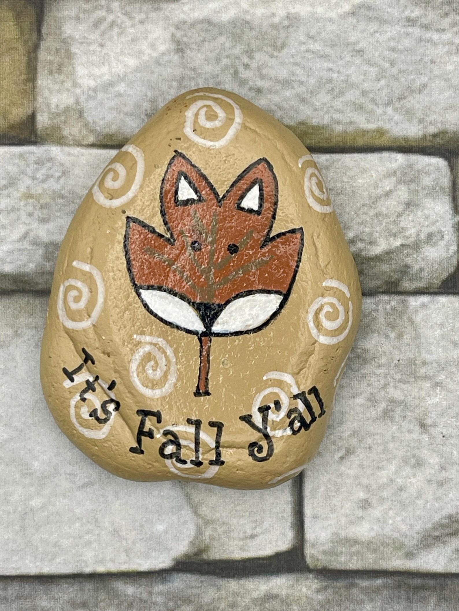 It's Fall Y'all Hand Painted Rock, Cute Whimsical Fox Autumn Leaf Rock ...
