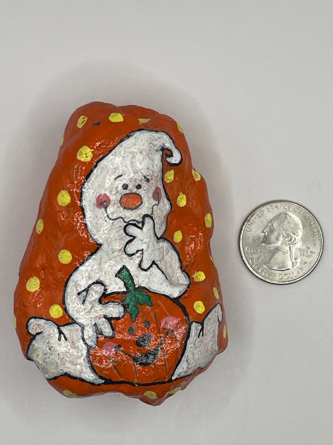 Whimsical Ghost With Pumpkin, Halloween Pebble Art, Hand Painted Rock ...