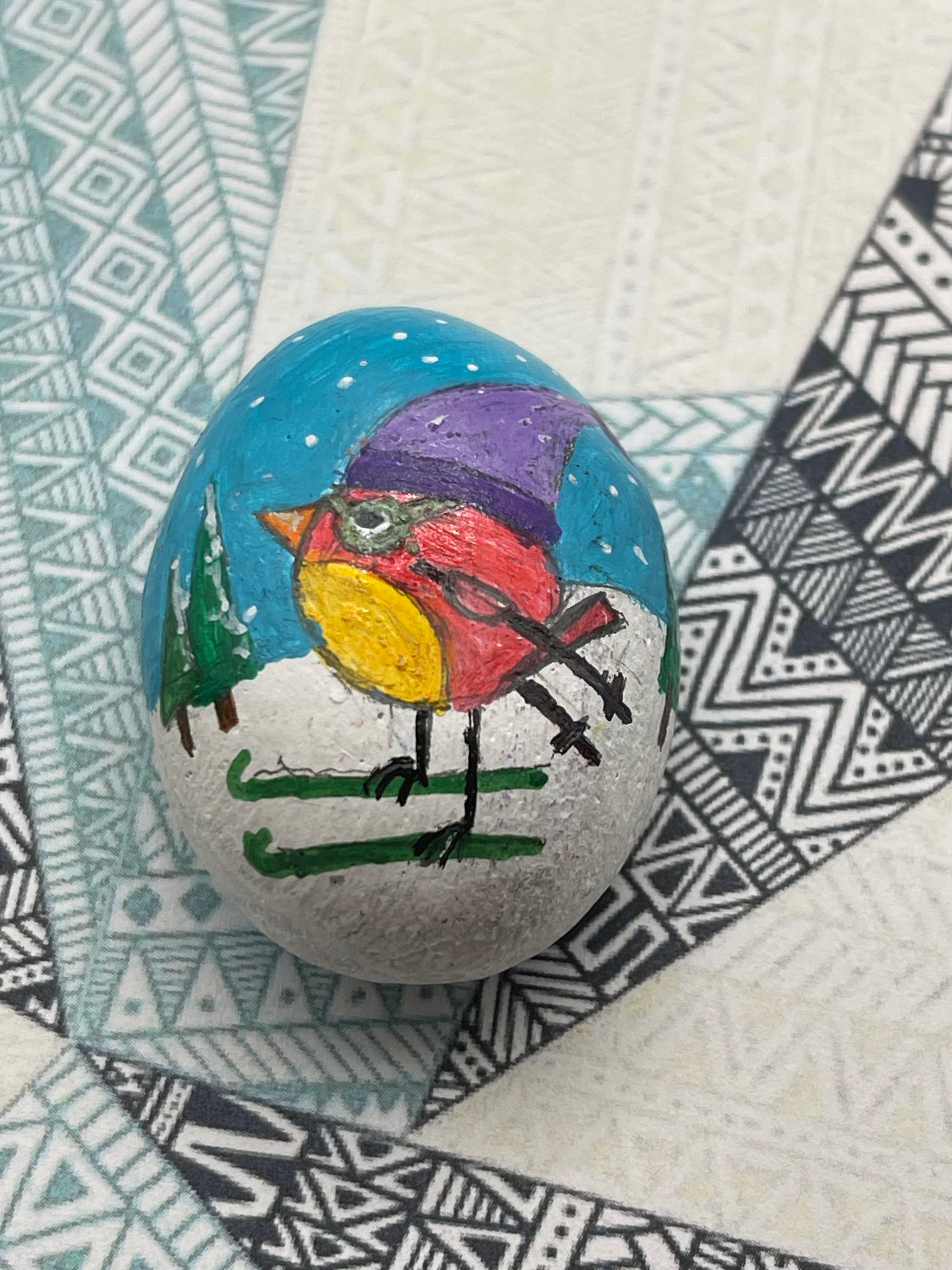 Whimsical Winter Snow Bird Skiing, Painted Pebble Artwork, Stone Rock ...