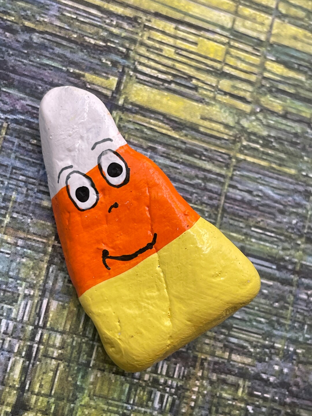 Hand Painted Rock, Cartoon Face Candy Corn, Fall Art Halloween Art ...