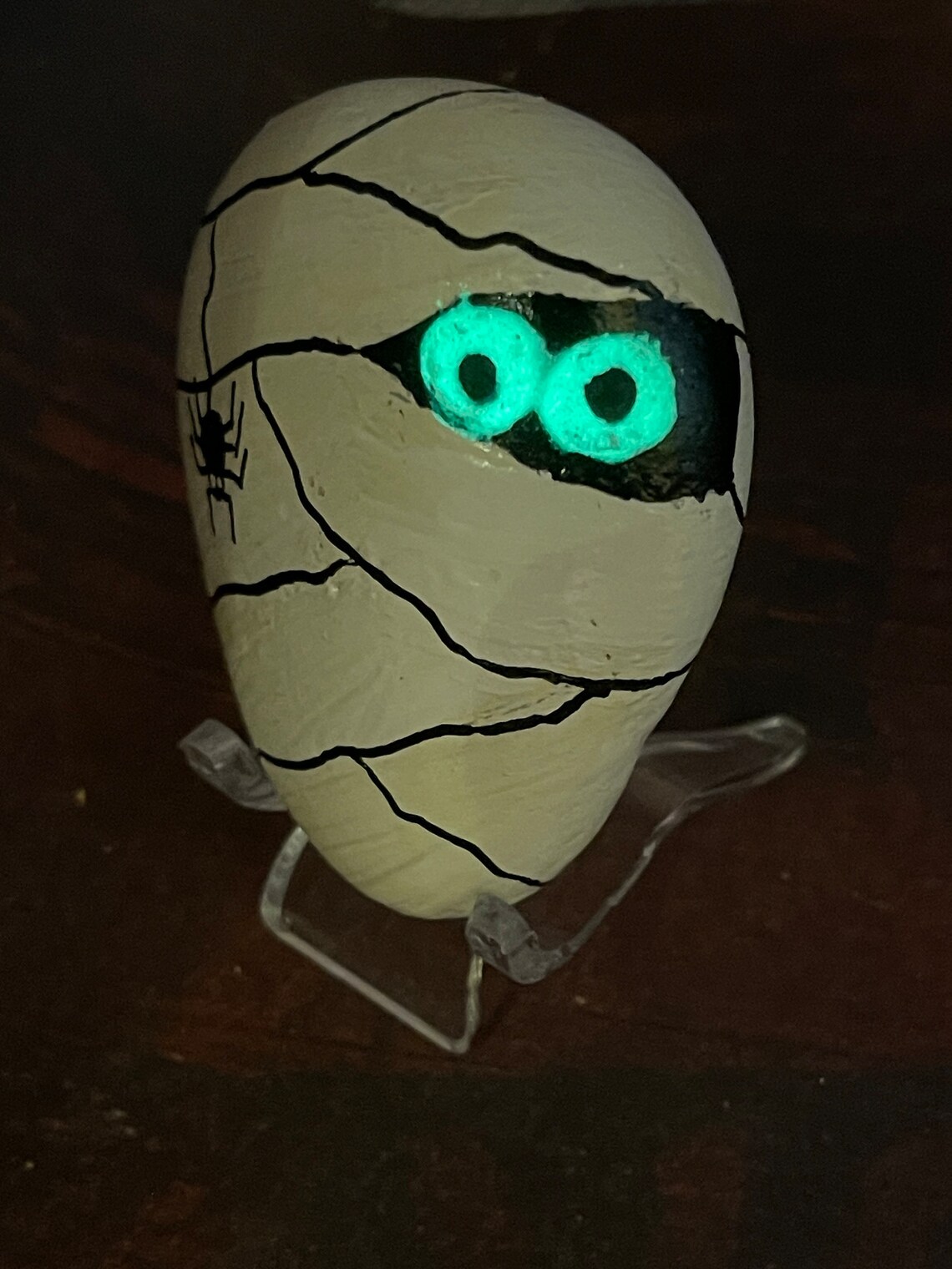 Mummy Painted Rock With Glow in the Dark Eyes and Dangling Spider, Hand ...