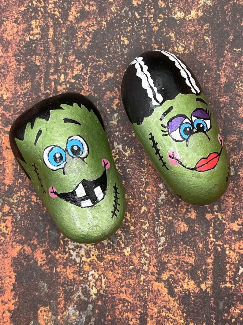 Whimsical Frankenstein and Bride Pair Hand Painted Rocks, Halloween ...