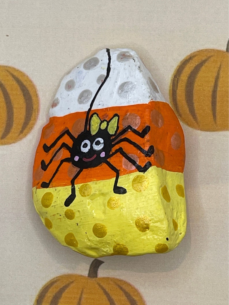 Cute Cartoon Spider With Bow on Candy Corn Painted Rock, Hand Painted ...