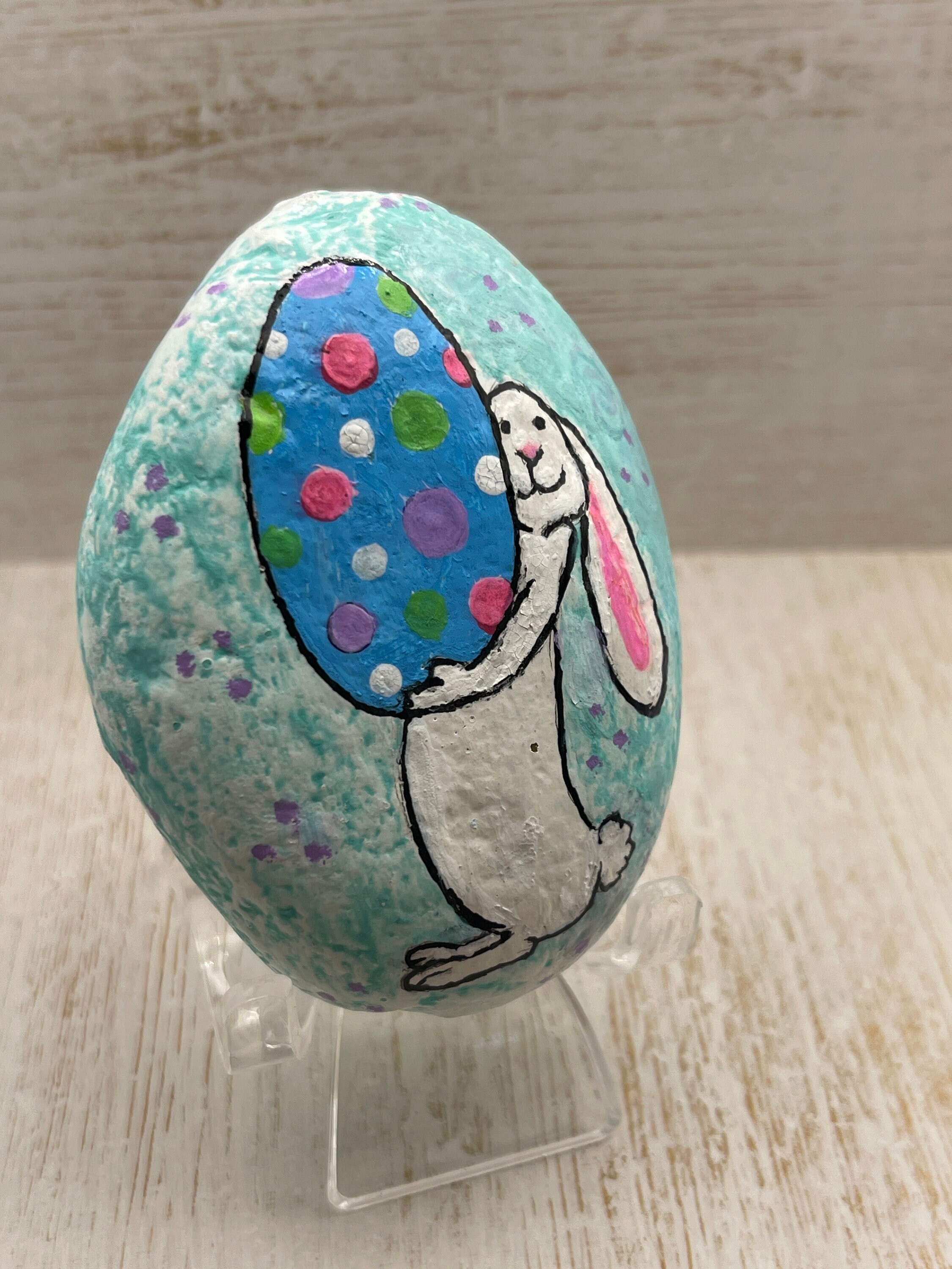 Easter Bunny Holding Giant Easter Egg Painted Rock, Spring Decor ...