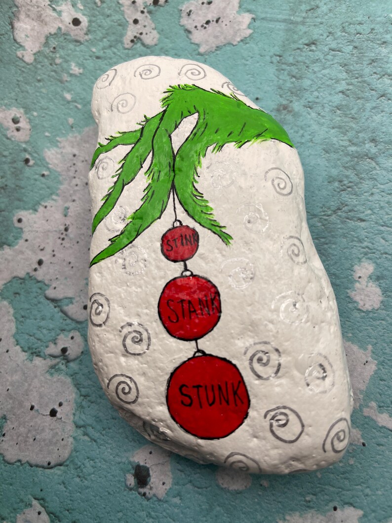 Stink Stank Stunk Christmas Grinch Hand, Holiday Stone Art, Painted ...