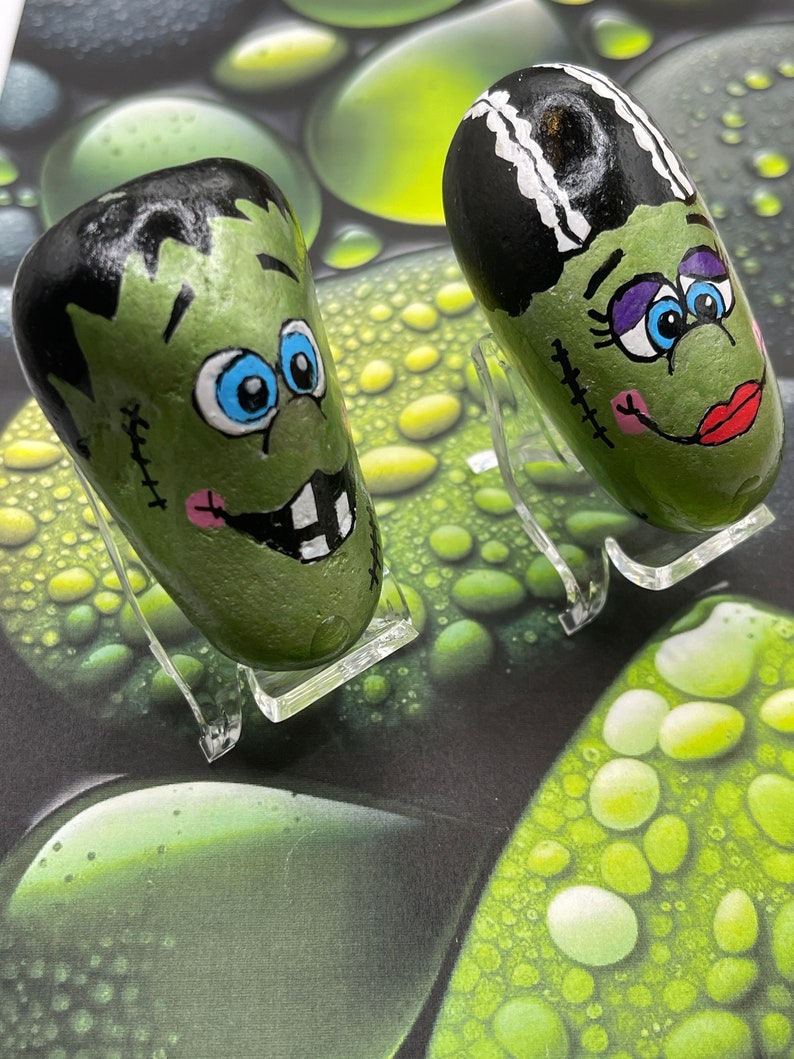 Whimsical Frankenstein and Bride Pair Hand Painted Rocks, Halloween ...
