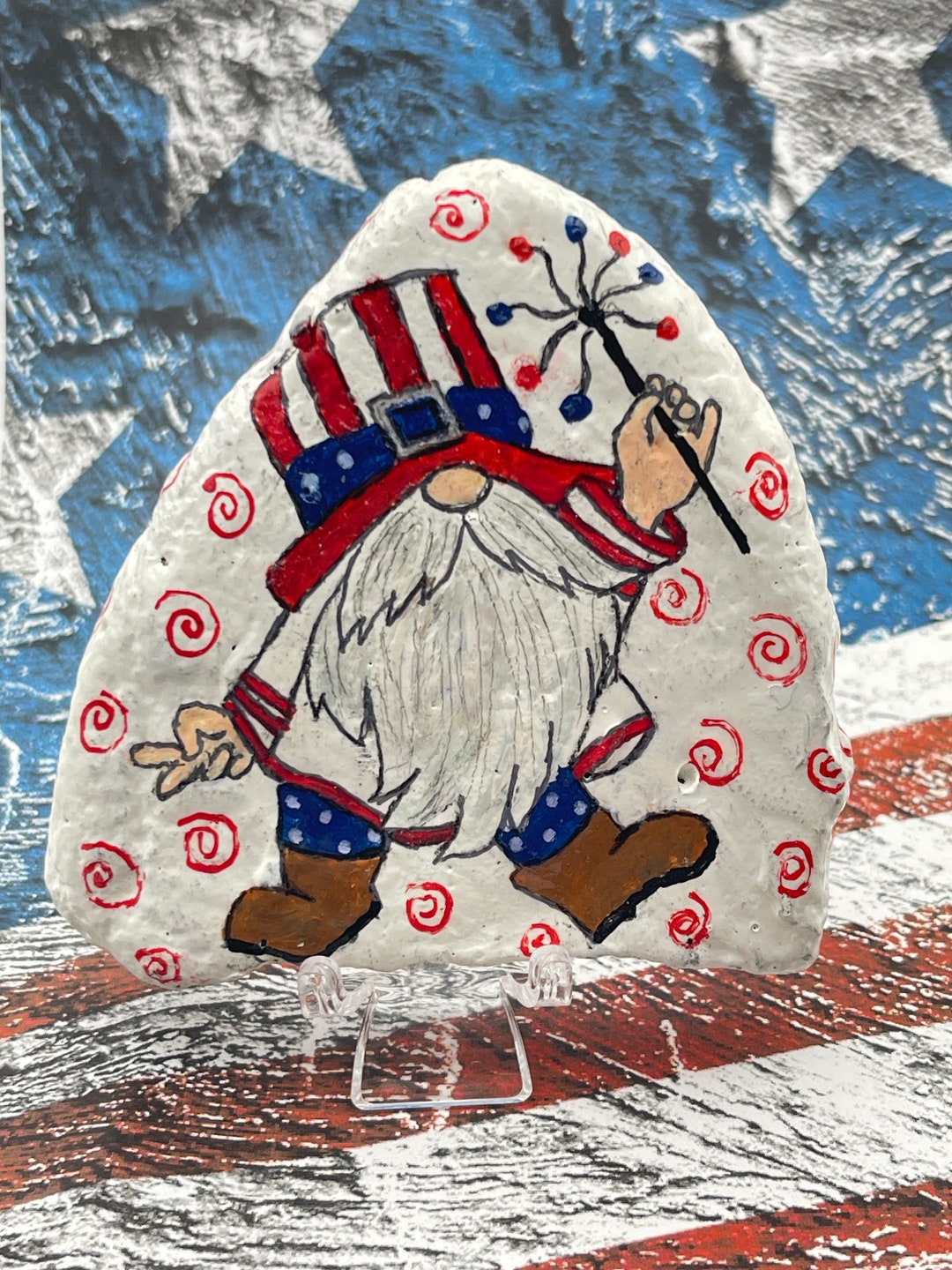 Peace Gnome With Pinwheel, American Flag Painted Rock, Fourth of July ...