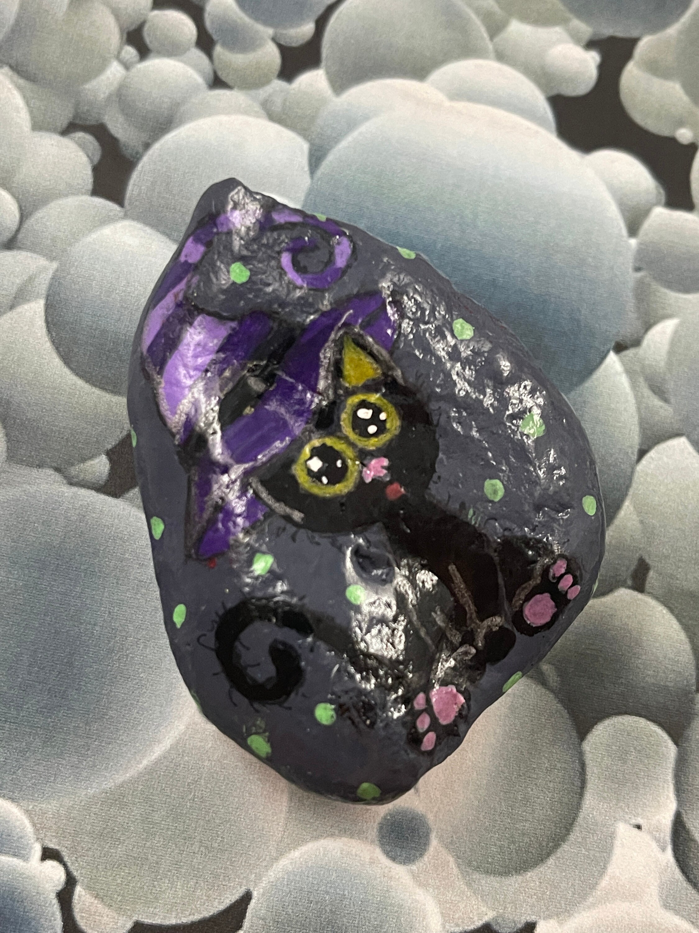 Black Cat With Witch Hat, Hand Painted Rock, Halloween Decoration ...