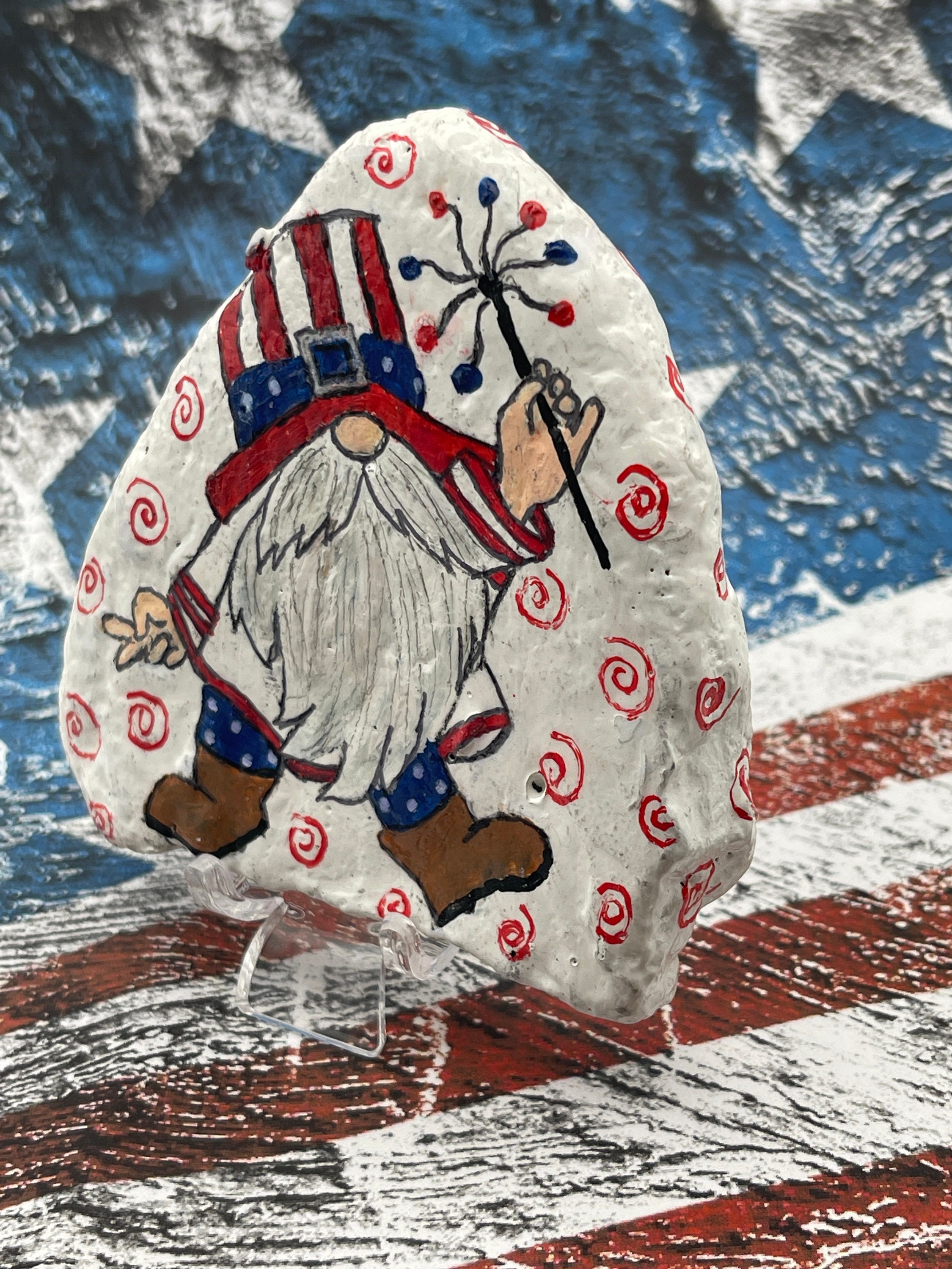 Peace Gnome With Pinwheel, American Flag Painted Rock, Fourth of July ...