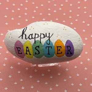 Happy Easter Rock Art on Pastel Eggs, Easter Stone Decor, Hand Painted ...
