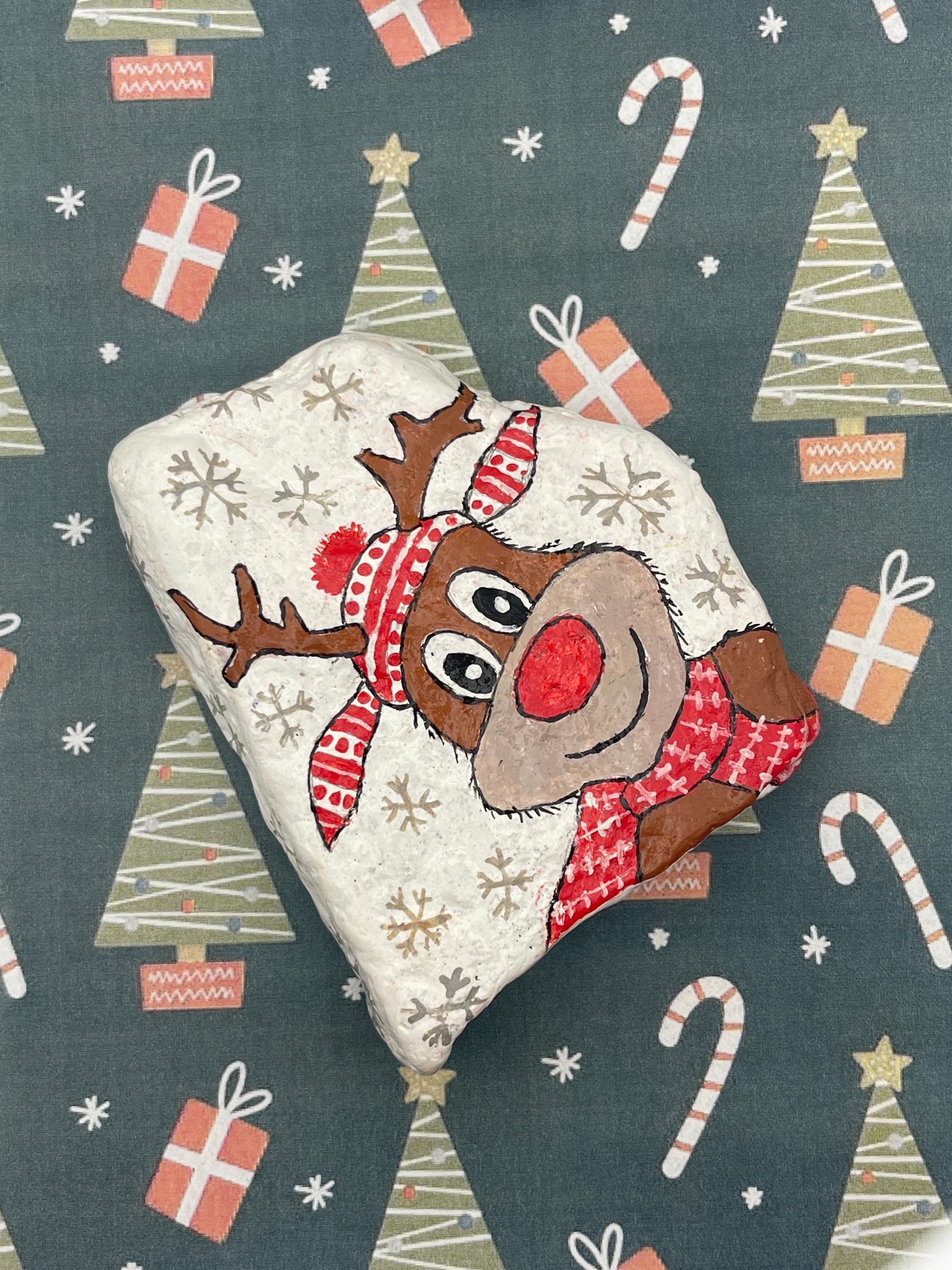 Christmas Reindeer Rudolph Wearing Hat and Scarf, Painted Rock, Holiday ...