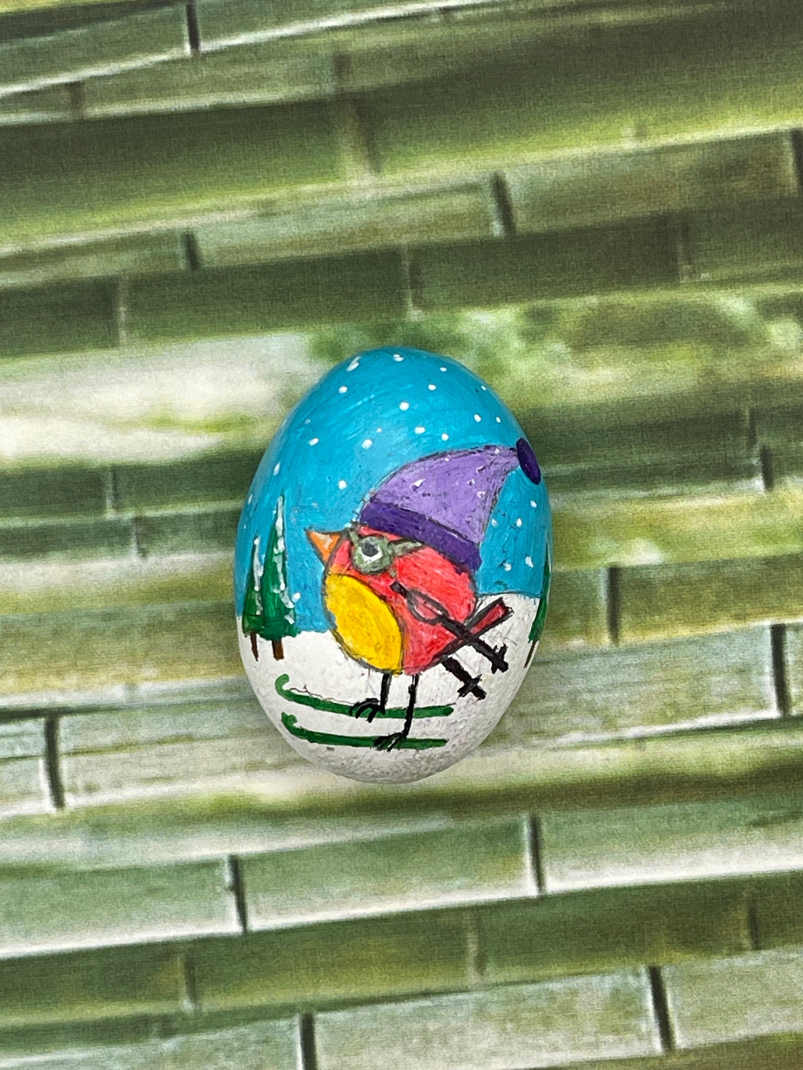 Whimsical Winter Snow Bird Skiing, Painted Pebble Artwork, Stone Rock ...