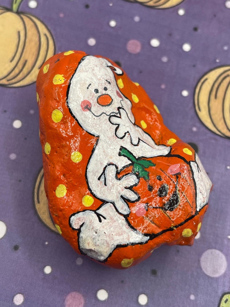 Whimsical Ghost With Pumpkin, Halloween Pebble Art, Hand Painted Rock ...