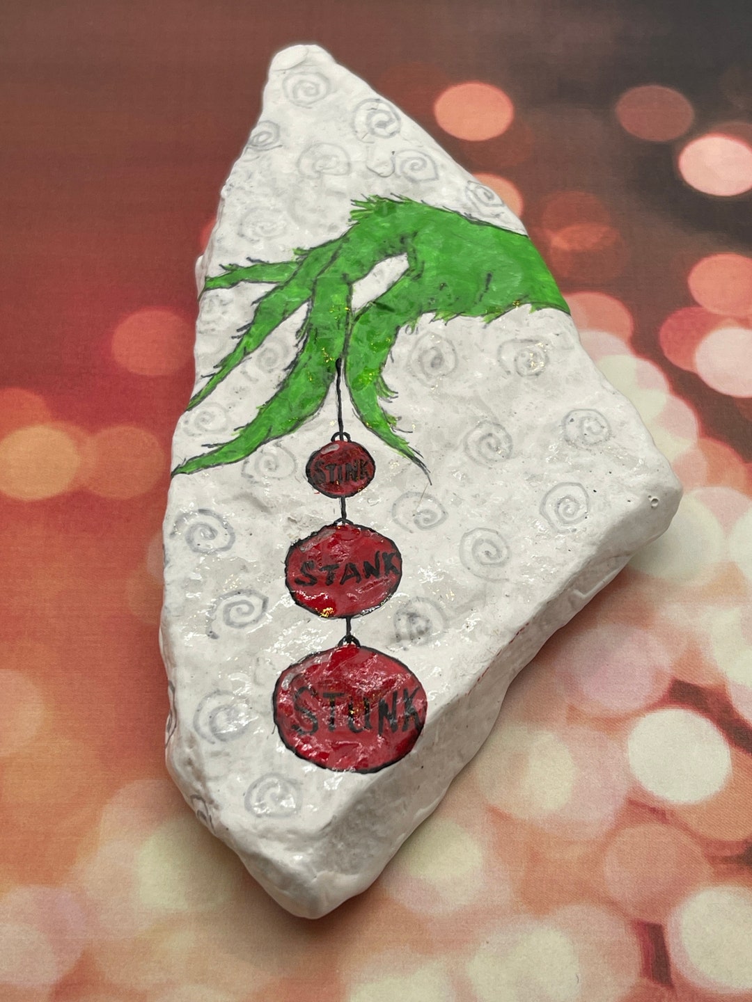 Stink Stank Stunk Christmas Grinch Hand, Holiday Stone Art, Painted ...