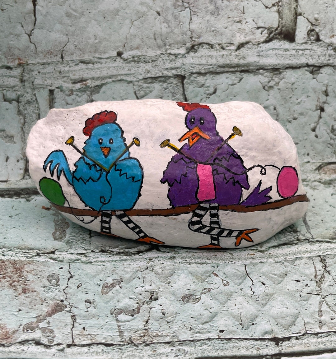 Knitting Chickens Sitting on a Branch, Animal Art, Painted Rock, Stone ...