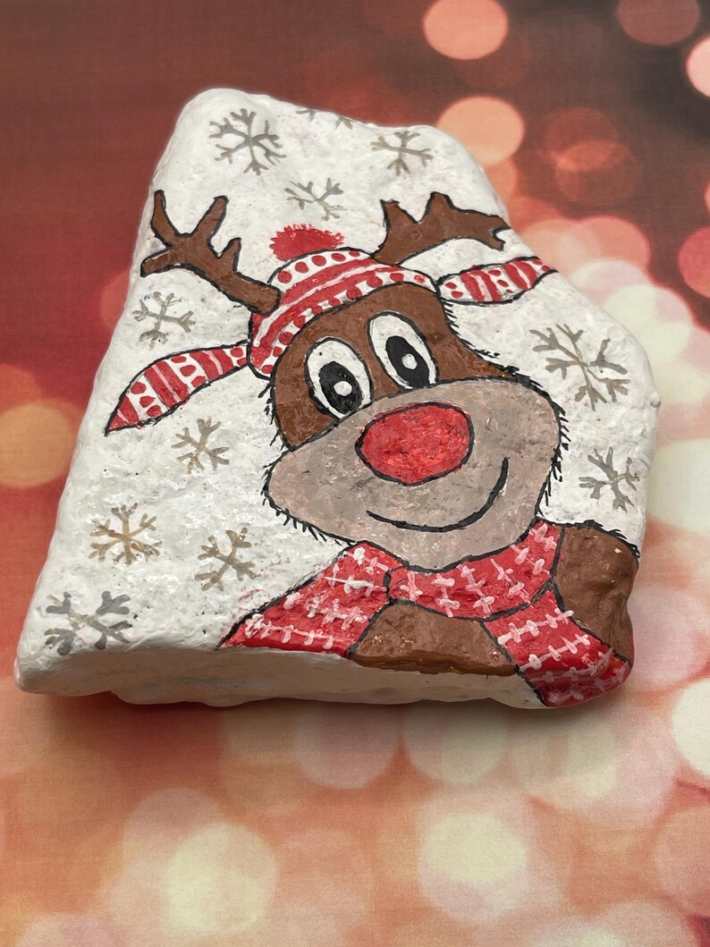 Christmas Reindeer Rudolph Wearing Hat and Scarf, Painted Rock, Holiday ...
